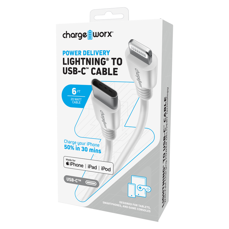Chargeworx Power Delivery Lighting to Type C Cable 6ft White ...