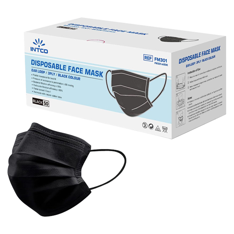 Intco Black Disposable 3-Ply Face Masks, 50 ct - Intco – BevMo!