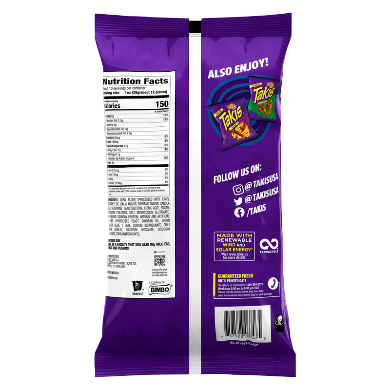 Takis Blue Heat Spicy Rolled Tortilla Chips Sharing Size Bag 9.9oz ...