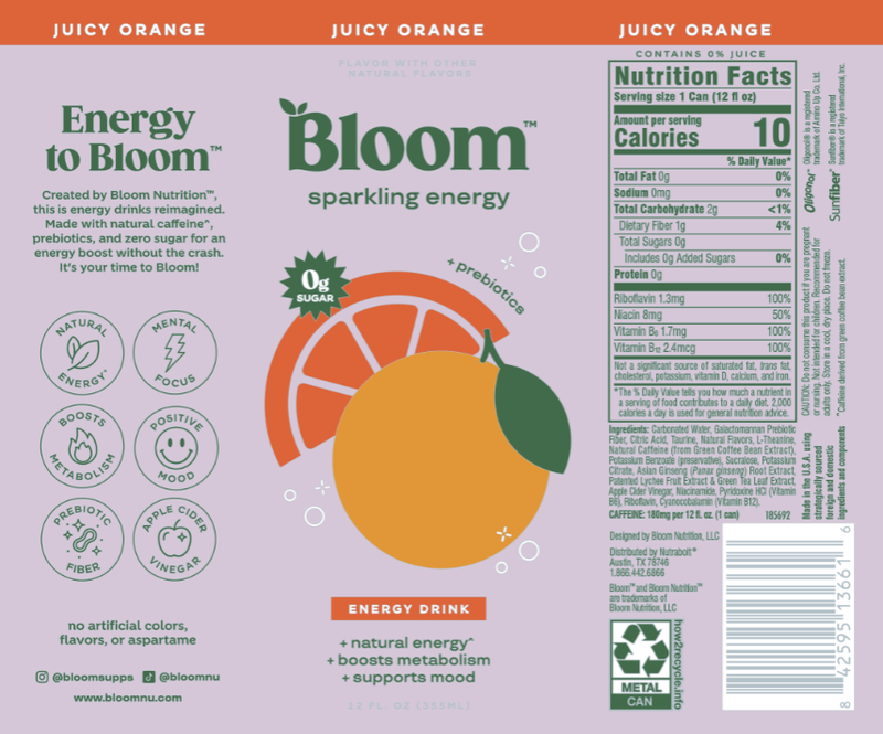 Bloom Juicy Orange Sparkling Energy 12oz Can - Bloom Energy – BevMo!