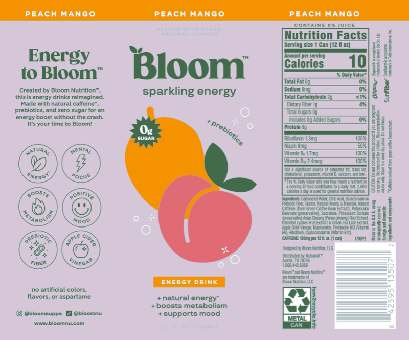 Bloom Peach Mango Sparkling Energy 12oz Can - Bloom Energy – BevMo!